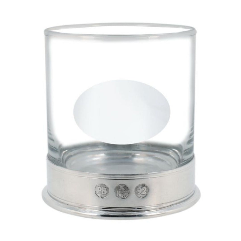 Whiskey glass with tin base and engraving plate, 078213
